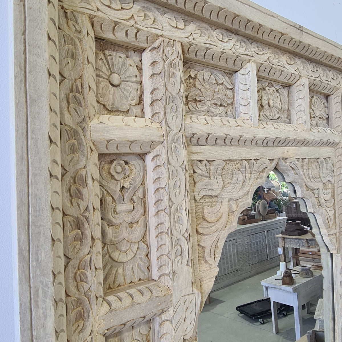 Large Vintage Indian Carved Mehrab Mirror – Boho Temple